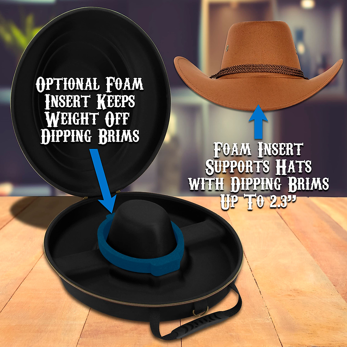 CASEMATIX Cowboy Hat Box and Portable Cowboy Hat Storage for Brims Up To 4.75" - Hard Shell Cowboy Hat Case with Carry Strap, ID Slot and Foam Insert for Dipping Brims