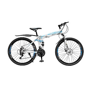 FLYHERO Folding Mountain Bike, 26" Womens 21-Speed Mountain Folding Bike, Carbon Steel Frame Mountain Bike, with Dual-Disc Brake, Blue&White
