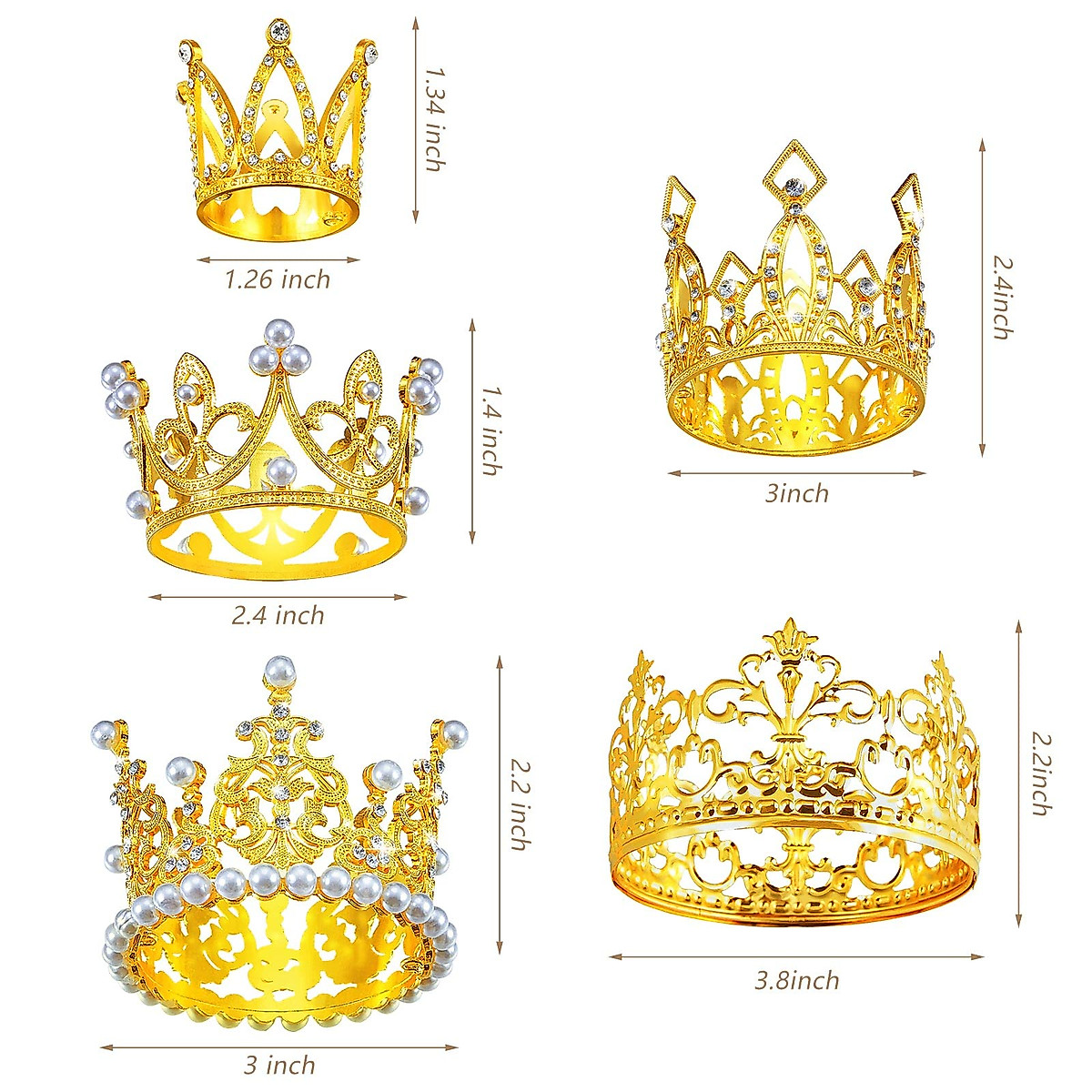10 Pieces Crown Cake Topper Birthday Mini Crown Pearl Crystal Tiara Vintage Small Crowns Metal Crown Decorations for Wedding Birthday Baby Shower Party, 5 Styles(Gold)