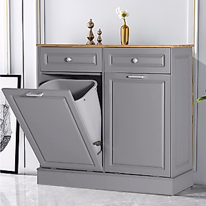 Anbuy Double Kitchen Trash Cabinets Dual Tilt Out Trash Cabinet with Two Solid Wood Hideaway Trash Holder Drawers, Free Standing Recycling Cabinet Trash Can Holder (Dual Gray)