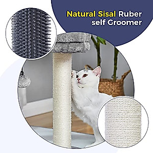 MeowSir Cat Tree 4 in 1 Cat Scratching Post Featuring with Cat Self Groomer Wide Large Top Perch Natural Scratching Post and Danging Ball for Indoor Cats-Grey