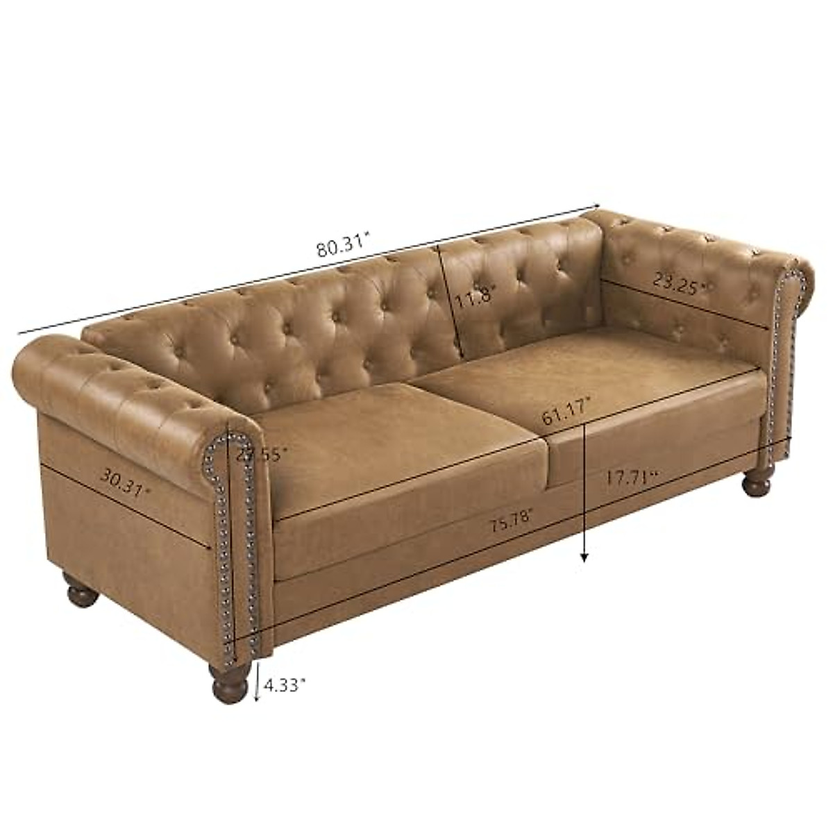 Lunanniu 80.31" Chesterfield Tufted Fabric Sofa 3 Seat Capacity High Tech Fabric Rolled Arm Nailhead Trim Thick Cushion Deep Seat Button Tufted Back Classic for Living Room Apartment Brown