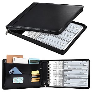 Business Check 7 Ring Checkbook Binder, PU Leather Portfolio, Built in Storage Organizer [Black]