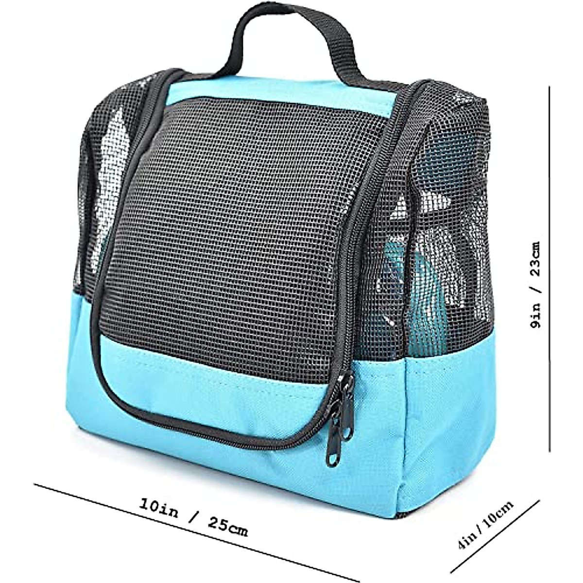 The Fine Living Co. Portable Hanging Shower Caddy Organizer Bag (Free Toiletries Case+Metal Hook) Quick Dry Mesh Shower Caddy Tote Bag Pouch For Bathroom College Dorm Camp Gym Camping 10”x4”x9”(Aqua)
