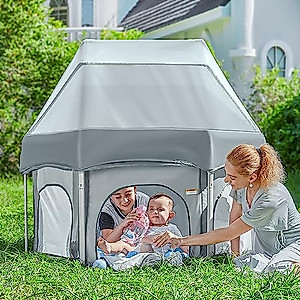BabyBond 53" Portable Indoor and Outdoor Baby Playpen - Pop Up Tent Pack and Play Baby Playpen for Babies and Toddlers Play Yards with Canopy and Travel Bag - Grey