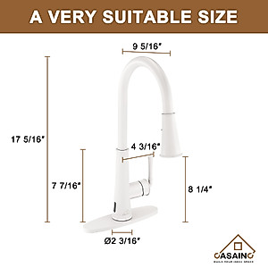 CASAINC Kitchen Faucet with Pull Down Sprayer Matte White with LED Function, 17.31in H Touchless 1.8 gpm Single Handle Kitchen Sink Faucet, Lead-Free Copper for Bar Laundry Kitchen Sink