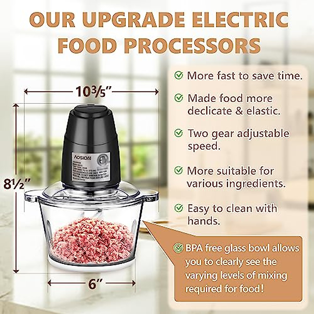 AOSION Electric Food Processor,8 Cup food Chopper,Vegetable Chopper & Meat grinder 350W with 2L Glass Bowl Grinder with 2 Speed for Baby Food/Meat/Fruits/Nuts.