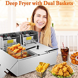 20.7 Qt Professional Deep Fryer with 2 x 6L Baskets, Large Electric Commercial Deep Fryer for Kitchen Restaurant Home Use, Countertop Dual Tank Deep Fryer for Turkey Chicken Fish Oil Less Deep Fryers