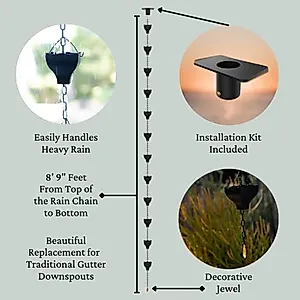 Jitane - Metal Rain Chains for Gutters - 8.75 Feet - Installation Kit Included - Rain Gutter Downspout Extension - Rain Water Catching System - Decorative Jewel Located at The Rain Chain Basin (Black)