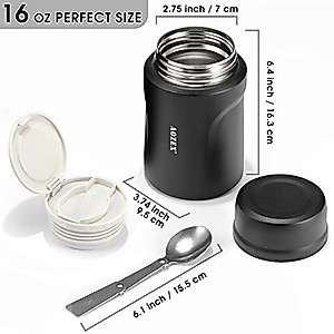 AOZEX Thermos for Hot Food, 16 oz Vacuum Insulated Food Jar Small Kids Food Thermos Container with Spoon, Stainless Steel Lunch Thermos Food Jar Leak Proof Soup Thermos for Adults, Black