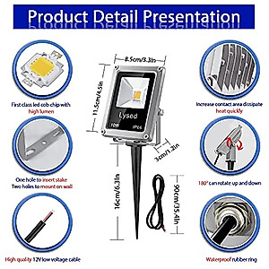 Lysed 10W Low Voltage LED Landscape Lights, Bowfishing Lights Warm White 12V Spotlights for Garden Pathway, Yard, Lawn, Wall, Trees Lighting, Outdoor Spotlight with Spike Stand(10 Pack)