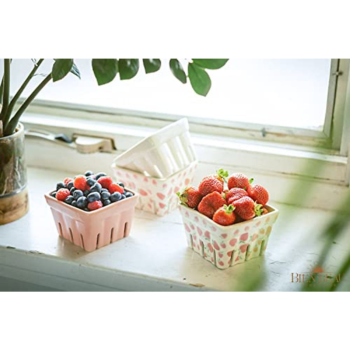 Farmhouse Ceramic Berry Basket, Colander, Strawberry Decor, Fruit Bowls, Fruit Baskets, Kawaii Strawberry Kitchen bowl, Pink White and Cute Strawberry pattern Stoneware Harvest Square Bowls Set of 4