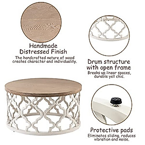 COZAYH Rustic Farmhouse Coffee Table, Distressed Wood Top Table with Curved Motif Frame Base for Boho, French Country Decor, Round, White, 30Dx30Wx16H in