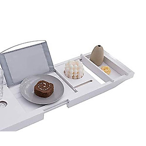 GEZITREND Luxury Bamboo Bathtub Caddy Tray Bathroom Furniture Expandable and Nonslip Bath Caddy with Book/Tablet and Wine Glass Holder Free Soap Holder Great Gift (White)