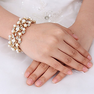 EVER FAITH Gold-Tone Crystal Cream Simulated Pearl 1920's Style Leaf Stretch Bracelet Clear