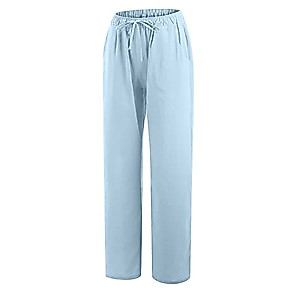 Capri Pants for Women Casual 2023 Summer Drawstring Elastic High Waist Linen Pant Straight Wide Leg Cropped Trouser high Waisted Wide Leg Pants Sky Blue XL