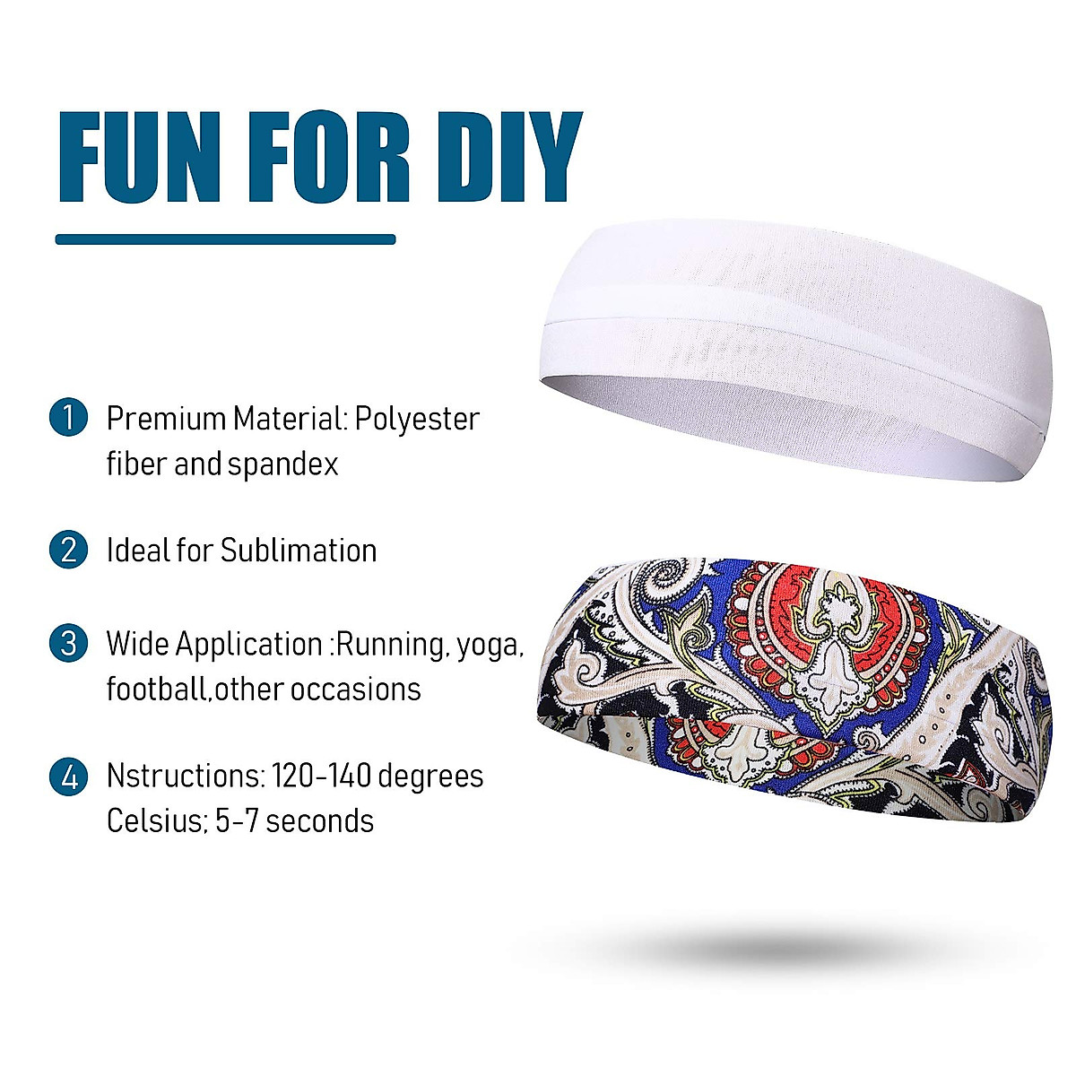 Sublimation Headband Blank Tie Dye Headband Heat Transfer Yoga Hairbands Elastic Sweatbands Iron on Transfer Bandana Head Wrap Scarf for Halloween DIY Women Teens Sports, White(Null)