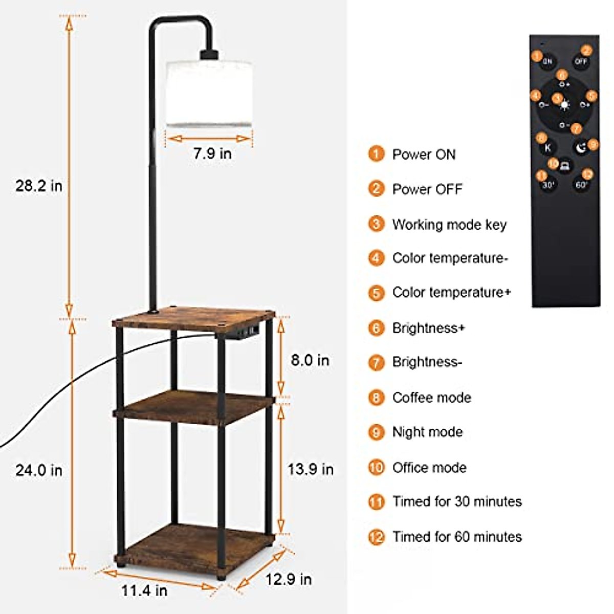 Hitish Floor Lamp with Table, Rustic End Table Lamp with USB Charging Port, Power Outlet & Shelves, Side Table Reading Light with Adjustable Color Temperatures & Brightness for Bedroom, Living Room
