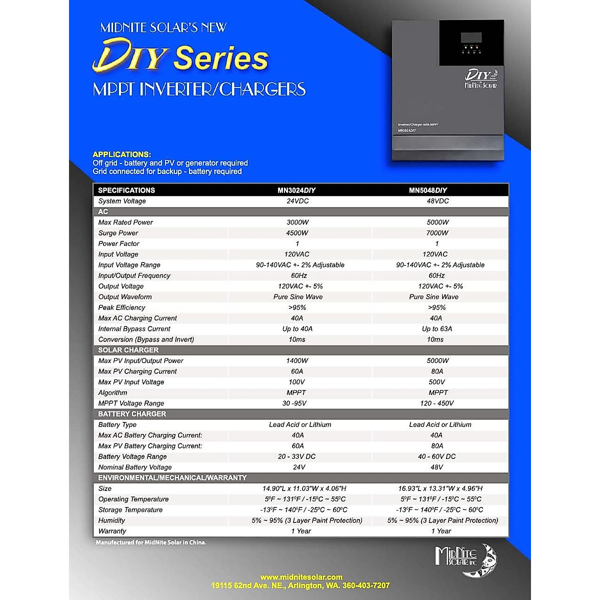 MidNite Solar MN5048DIY MPPT Inverter/Charger 120VAC 48VDC 5000W