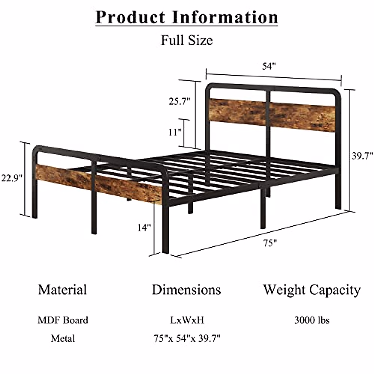 Upcanso Full Size Bed Frame with Wood Headboard and Footboard, Platform Full Bed Frame No Box Spring Needed with Heavy Duty Slats, Easy Assembly