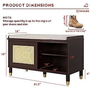 Anbuy Shoe Storage Bench for Entryway with Rattan Door, Rattan Shoe Rack Bench entryway Bench, Shoe Cabinet with Soft Cushion, Holds 300 lb, 31.5 x 13.78 x 19.1 inches (Red Brown)