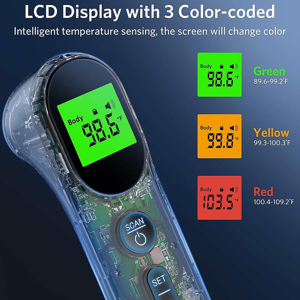 BESTEK Forehead Thermometer, Thermometer No Touch for Adults and Kids, Large LCD Screen Digital Infrared Thermometer for Home with Fever Alarm, Non Contact with 3-Color Indicator for Home