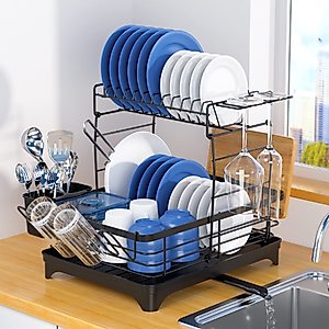 BRONYPRO Dish Drying Rack, 2 Tier Dish Drying Rack for Kitchen Counter, Extra Large Dish Strainer with Drainboard, Dish Organizer with Drying Board, Utensil Holder, Cup Rack, Black