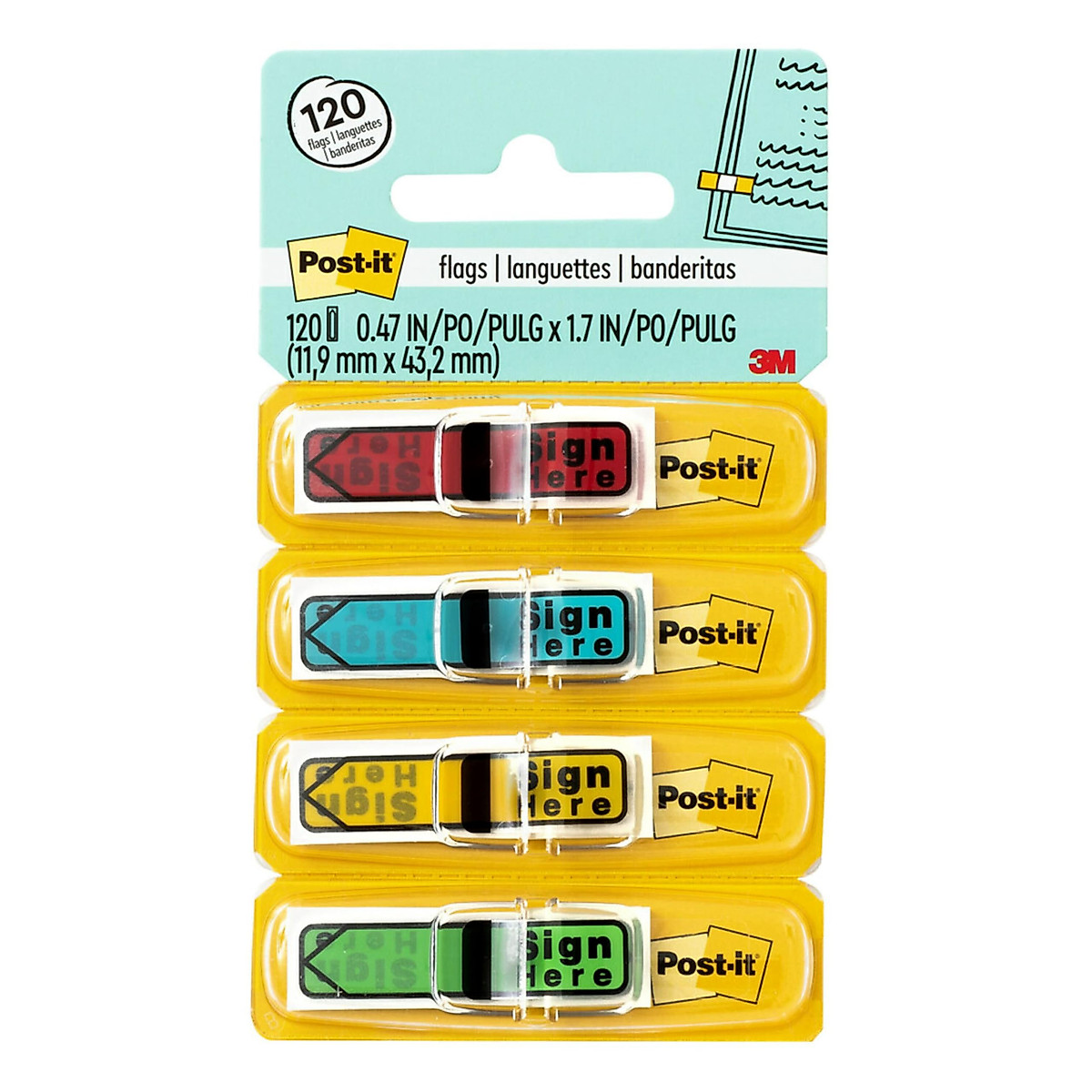 Post-it Message "Sign Here" Flags, 30/Dispenser, 4 Dispensers/Pack, .47 in Wide, Assorted Colors (684-SH)