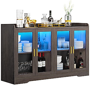 YITAHOME Coffee Bar Cabinet w/LED Light, 55'' Sideboard Buffet Cabinet with Storage with Adjustable Shelves, Storage Cabinet with 4 Doors for Kitchen, Living Room, Charcoal Grey