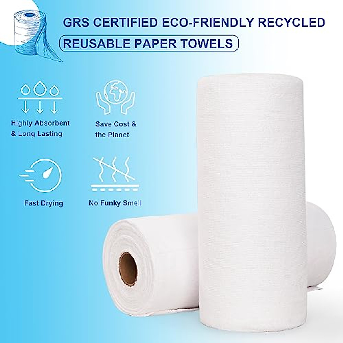 Reusable Paper Towels Washable Roll: 50Pack Paperless Paper Towels Tear Away 12x12In Eco Friendly Absorbent Cloth Paper Towels Reusable Washable for Kitchen Zero Waste (White)