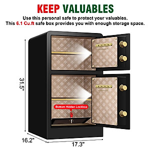 6.1 Cu ft Extra Large Home Safe Fireproof Waterproof, Anti-Theft Digital Home Security Safe Box With Hidden Compartment, Double Safes, Separate Lock Box and Led Light（31.1" x 17.0" x 15.9"）