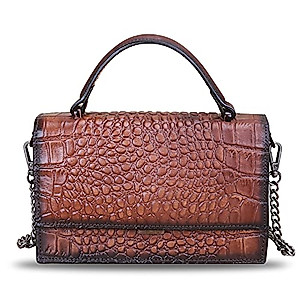 Genuine Leather Handbags for Women Retro Handmade Small Satchel Purse Luxury Top Handle Real Leather Embossed Design Crossbody Bag (Coffee)