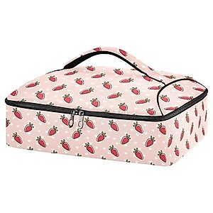 Kcldeci Insulated Thermal Food Carrier Insulated Casserole Carrier for Hot or Cold Food,Strawberry on A Pink Hearts Insulated Tote Bag for Potluck Cookouts Parties Picnic,Lasagna Lugger