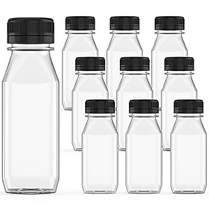 5 Pcs 8 oz Plastic Juice Bottle Reusable Transparent Bulk Beverage Containers for Juice, Milk And Other With Black Lids