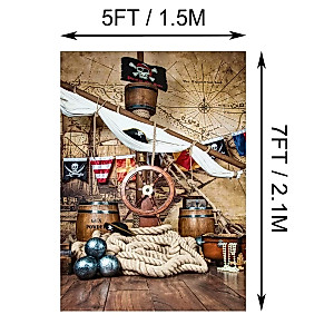 BELECO 5x7ft Fabric Pirate Backdrop Pirates Ship Deck Steering Wheel Skull Flag Halloween Pirate Photography Background Pirate Theme Party Decorations Kids Boy Adult Birthday Baby Shower Photo Props