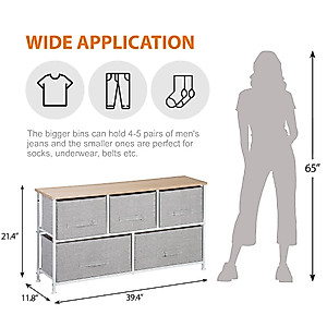 SUPER DEAL 5 Drawer Dresser for Bedroom Fabric Chest of Drawers for Closet Wide Clothes Storage Organizer with Heavy Duty Steel Frame and Wood Top, Light Grey