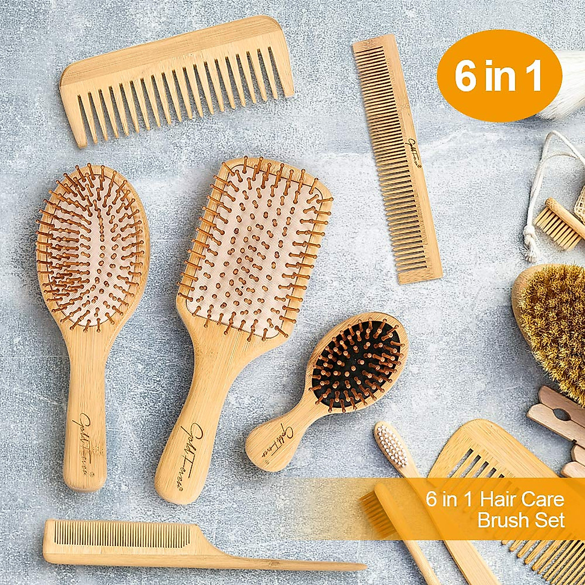 BestFire 6 in 1 Hair Brush Comb for Men Women Handle Bamboo Bristle Hairbrush Set with Tail Comb, Tooth Comb, Double Head Comb, 3 Different Air Cushion Massage Brush for Massaging Scalp