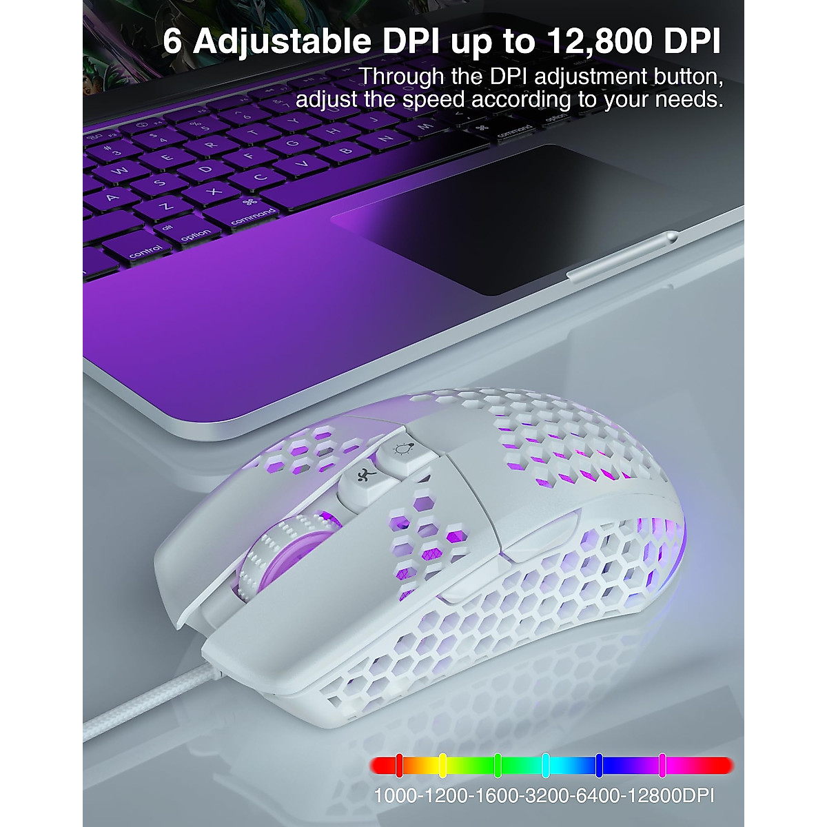 SOLAKAKA SM900 White Wired Gaming Mouse with Honeycomb Shell,12800 DPI,7 Programmable Buttons,Lightweight Gaming Mice Ergonomic Computer Wired Mouse Gaming for Win/PC/Mac/Laptop Gamer