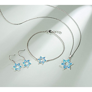 FANCIME Star of David Necklace for Women Hanukkah Gifts 925 Sterling Silver Blue Created Opal Necklace Charm Geometric Pendant Jewelry for Women