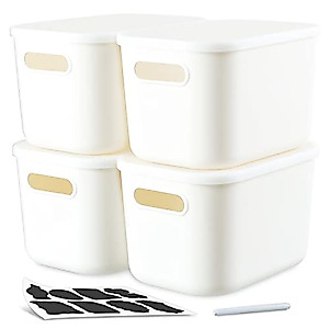 Citylife 6 Packs Plastic Storage Bins with Bamboo Lids White Storage Box with Handle Stackable Containers for Organizing