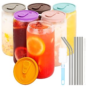 HuaQi Glass Cups with Lids and Straws 6pcs Set, Beer Glasses with Silicone Lids and Metal Straw