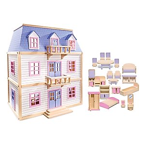 Melissa & Doug Wooden Multi-Level Dollhouse SIOC - Wooden Multi-Story Pretend Play Dollhouse For Kids