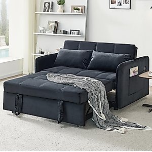 SumKea 3-in-1 Convertible Sleeper Sofa Bed, Velvet Futon Couch Pullout Bed with USB Ports, Modern Space Lounge Furniture for Living Room, Black