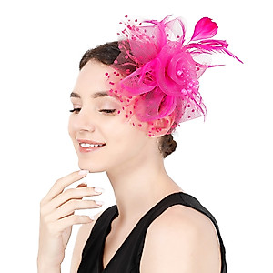 Fascinators Hat Flower Cocktail Lace Mesh Feathers Headband Clip for Women Tea Party Wedding Vintage Derby Hats-Hot Pink-01