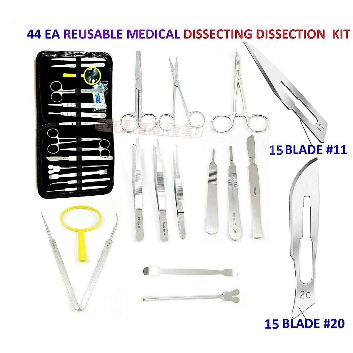 Cynamed 44Pcs Advanced Dissection Dissecting Kit -Biology & Veterinary Students- Anatomy Lab Botany Animal Frog Etc Dissecting Kit. Stainless Steel Scalpel Knife Handle-30 Blades (Zipper Case)