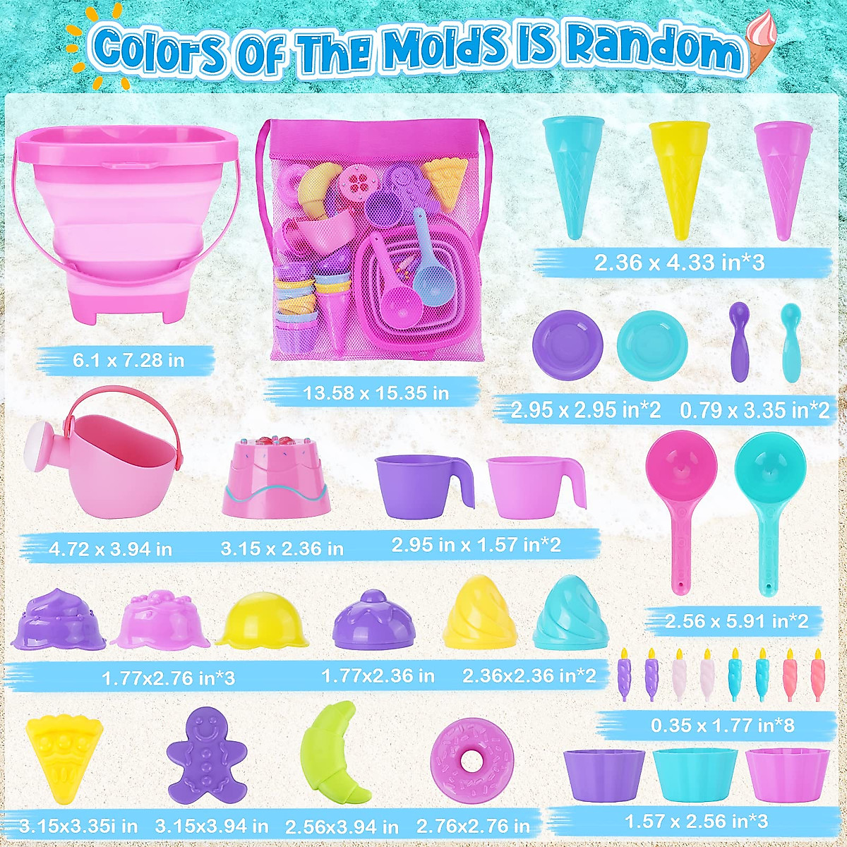TSDATOWR Ice Cream Beach Toys Sand Toys Set for Kids, Collapsible Sand Bucket and Shovels Set with Mesh Bag, Sand Molds, Watering Can, Sandbox Toys for Kids and Toddlers, Travel Sand Toys for Beach
