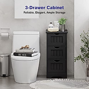 Tangkula Bathroom Floor Cabinet, Wooden Storage Cabinet with 3 Drawers, Modern Side Table, Bathroom Organizer for Home Office Bathroom Living Room (3 Drawers, Black)