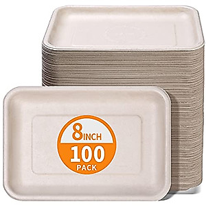 Celel 100 Pack 8 Inch Rectangle Paper Plates Heavy Duty, Bend-Resist Compostable 8 inch Disposable Trays for Taco, Burrito, Meat, Hot Dog