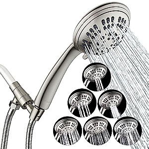 G-Promise High Pressure Shower Head 6 Spray Setting Hand Held Shower Heads with Adjustable Solid Brass Shower Arm Mount Extra Long Flexible Stainless Steel Hose(Brushed Nickel)