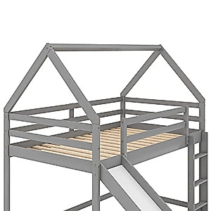 OPTOUGH House Shape Twin Size Bunk Bed with Ladder and Slide,Wooden Bedframe with Full-Length Safety Rail,for Kids Teens,No Spring Box Need,Gray
